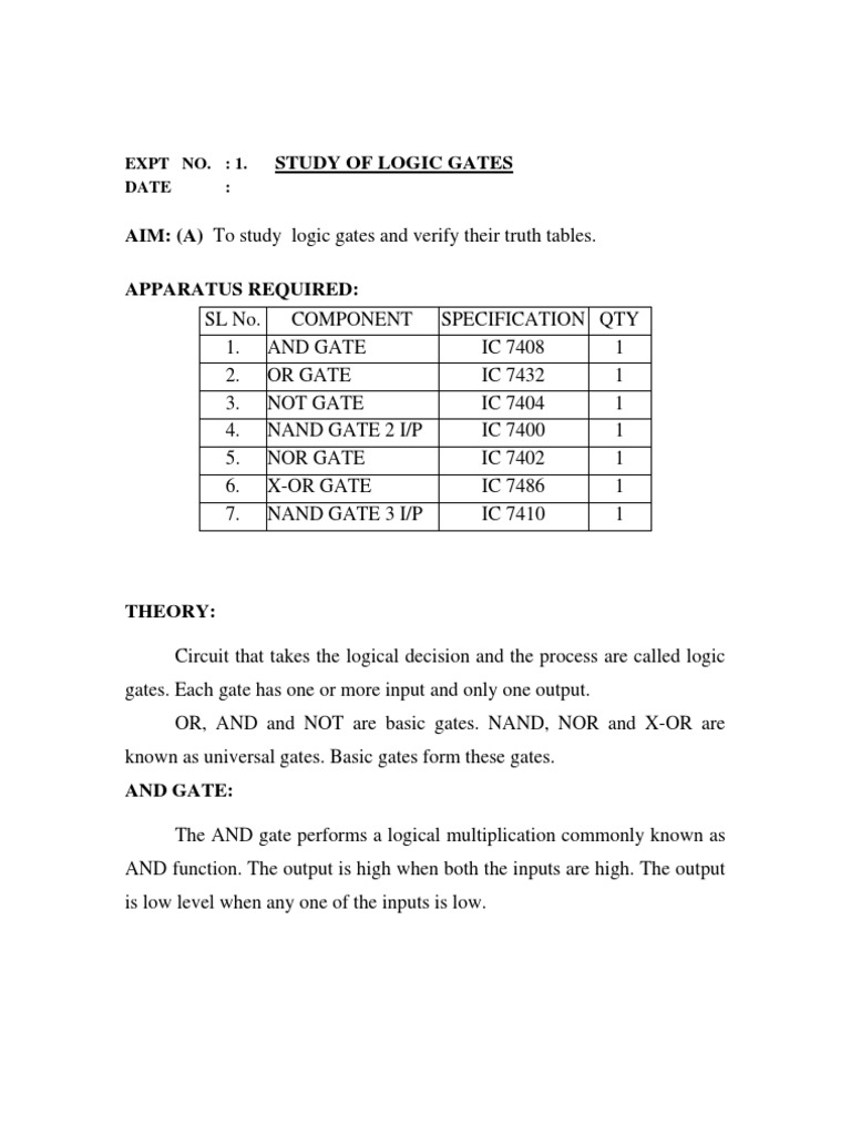 Study of Logic Gates: Expt No.: 1. Date | PDF