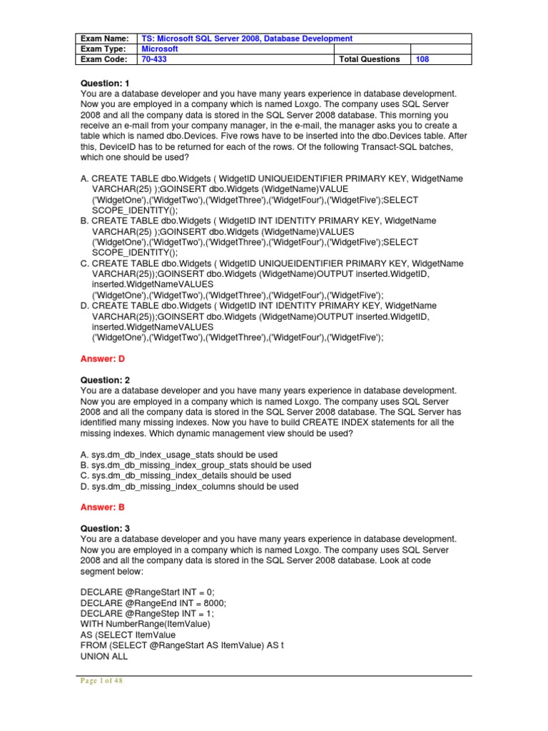 SQL Server 2008 Database Development Exam | PDF | Database Index | Microsoft Sql Server