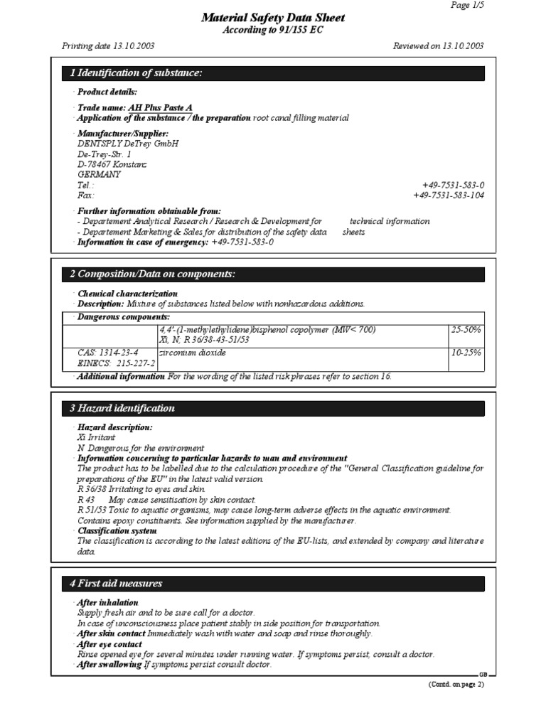 Msds Ah Plus | PDF | Dangerous Goods | Toxicity