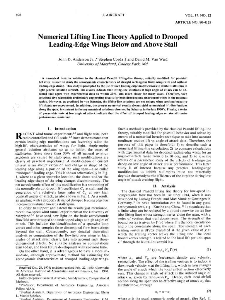 Numerical Lifting Line Theory Applied To Drooped Leading-Edge Wings Below and Above Stall | PDF ...
