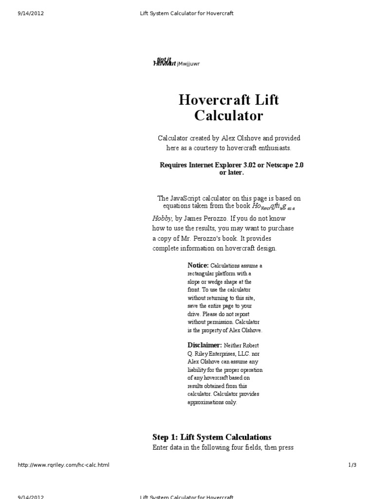 Lift System Calculator For Hovercraft | PDF | Lift (Force) | Pound (Mass)