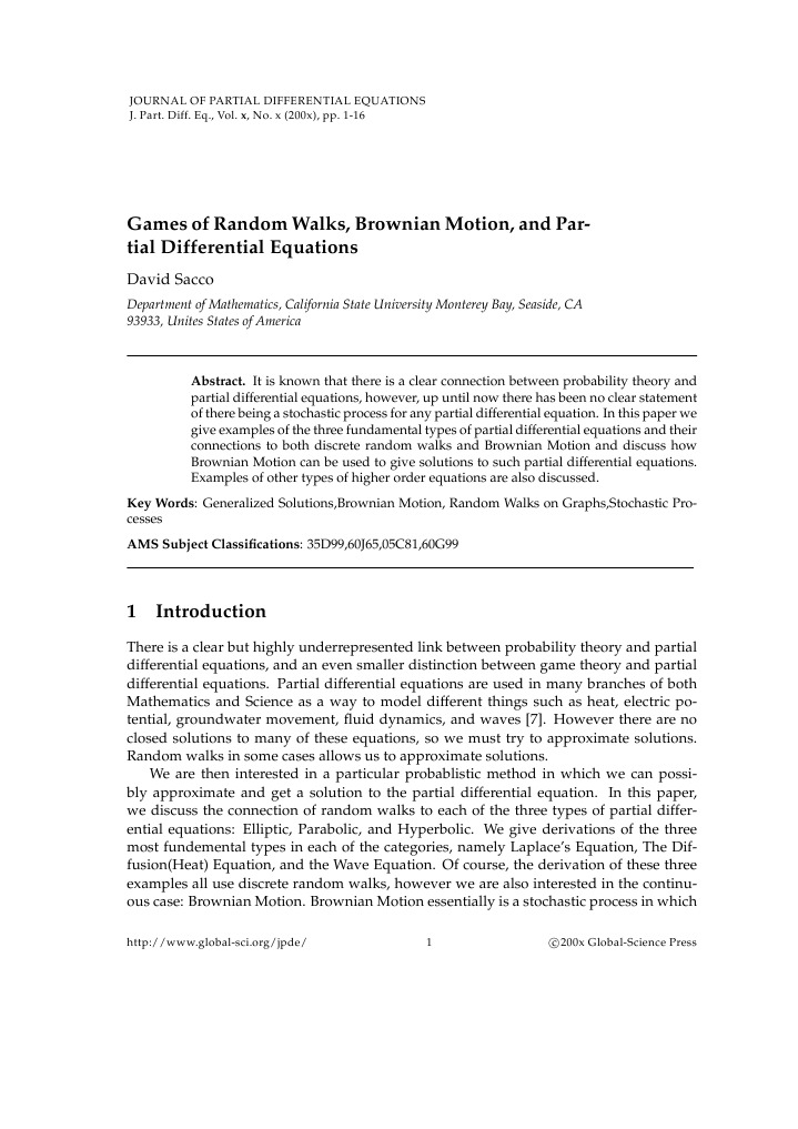 Games of Random Walks, Brownian Motion, and Par-Tial Differential ...