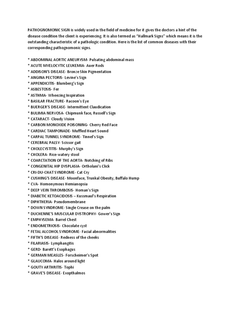 PATHOGNOMONIC SIGN Is Widely Used in The Field of Medicine For It Gives ...