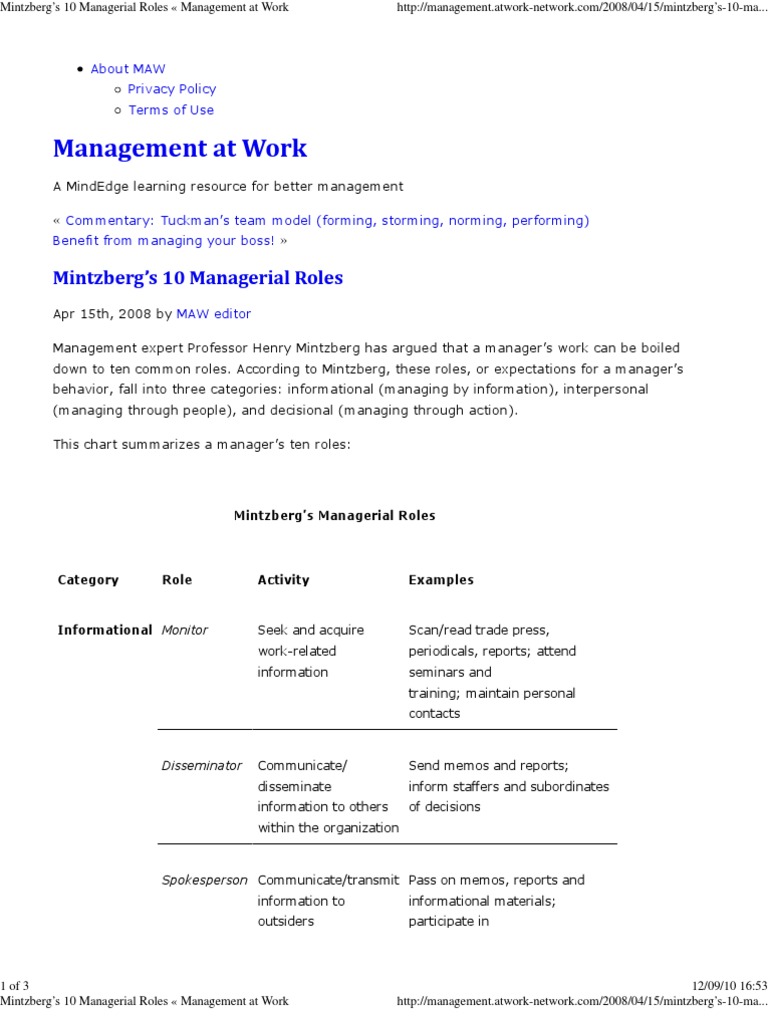 Mintzberg's 10 Managerial Roles Management at Work | PDF | Cognition ...
