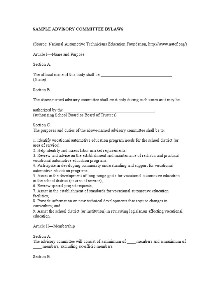 Sample Advisory Committee Bylaws | PDF | Committee | Public Sphere