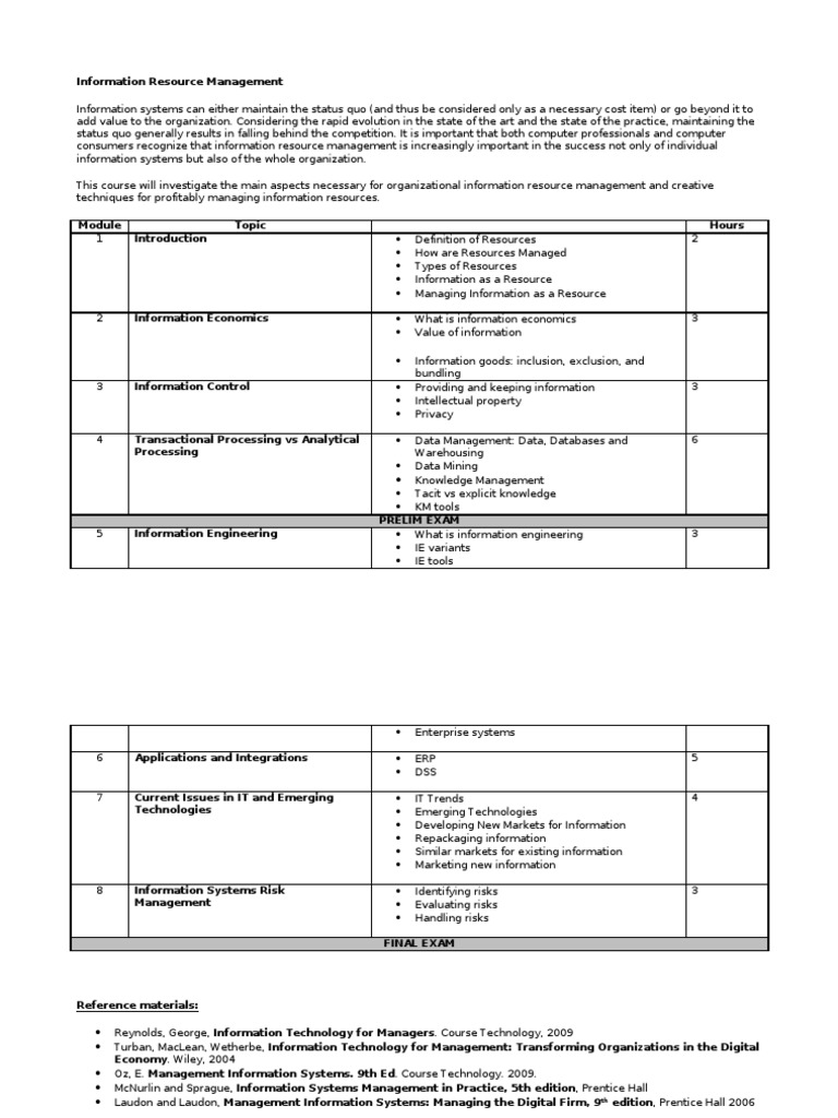 IRM Syllabus 1 | PDF | Information System | Resource