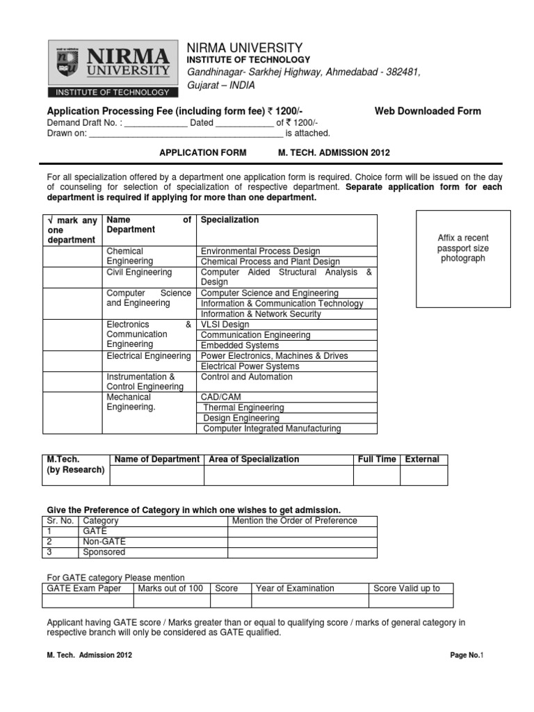 Application Form M.tech 2012 | PDF | Engineering | Mechanical Engineering