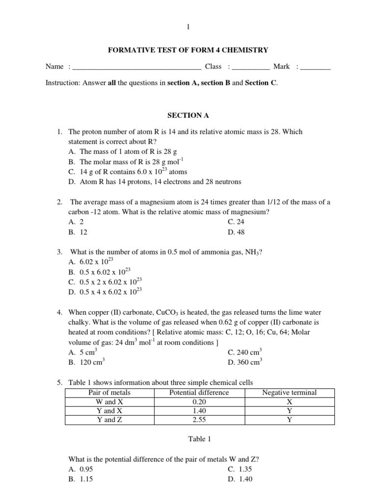 Formative Test of Form 4 Chemistry | PDF | Acid | Hydrochloric Acid