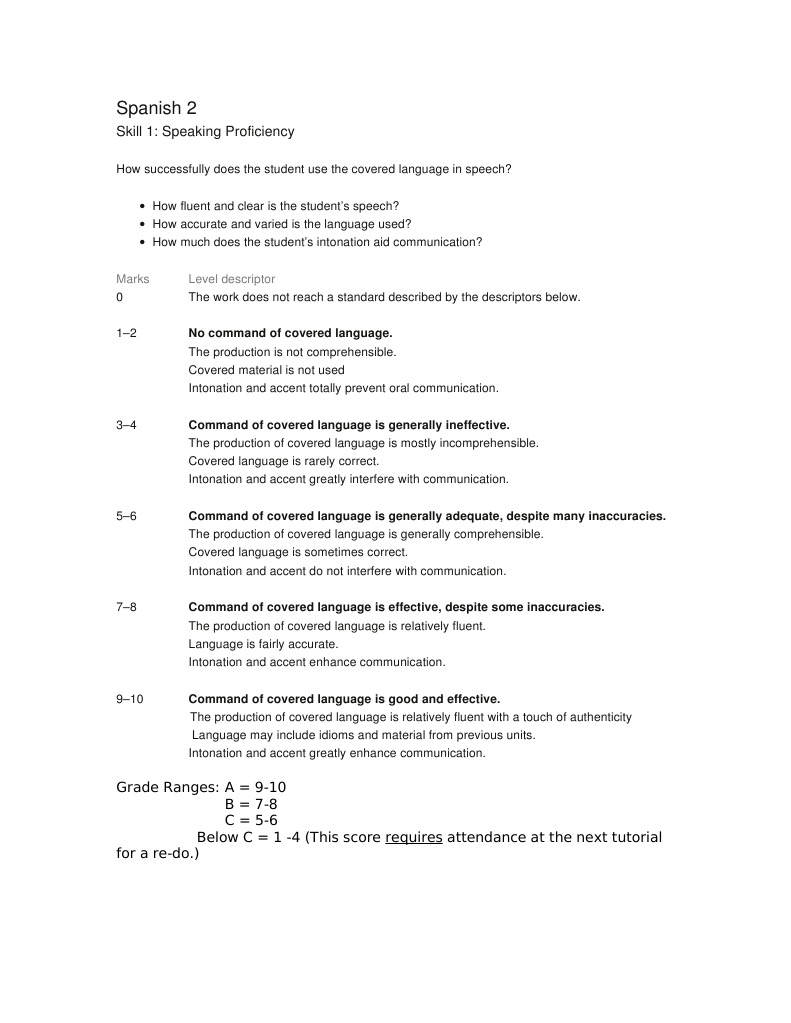Rubrics Speaking Spanish 23 | PDF