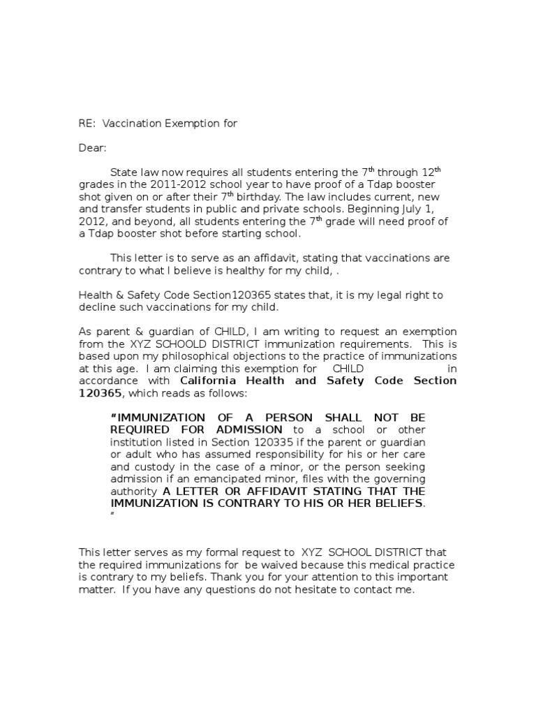 Vaccination Exemption Request Letter | PDF | First Amendment To The ...
