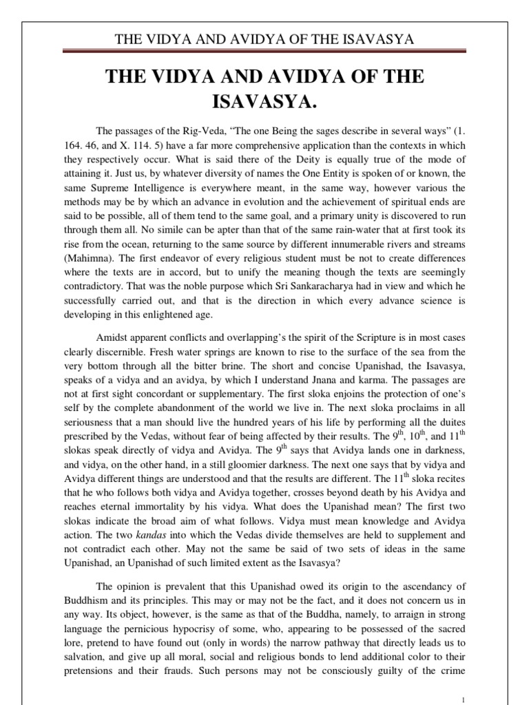 The Vidya and Avidya of The Isavasya | PDF | Bhagavad Gita | Upanishads