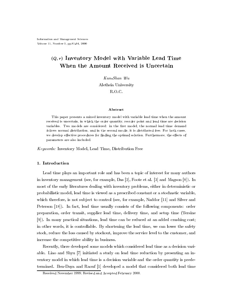 (Q R) Inventory Model With Variable Lead Time When The Amount Received ...