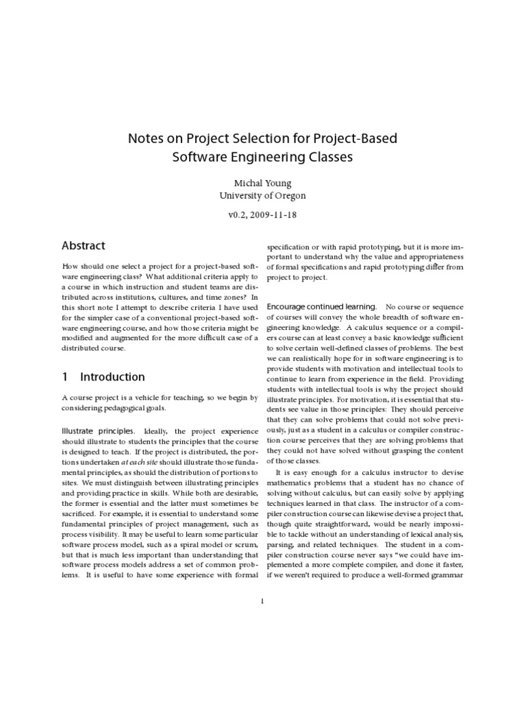 Notes On Project Selection For Project-Based Software Engineering ...
