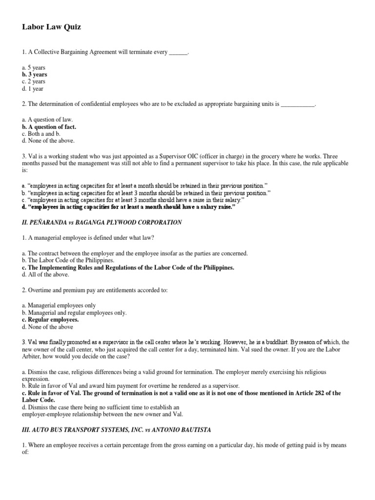Labor Law Quiz | PDF | Overtime | Employment