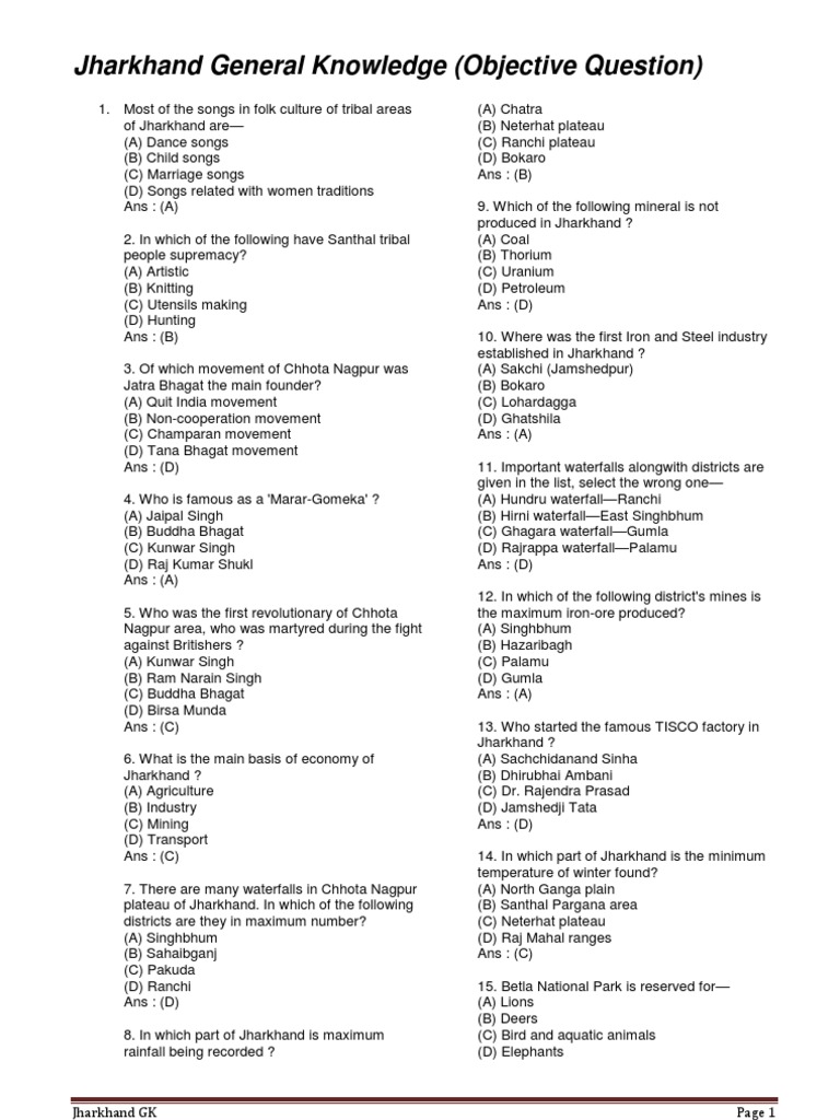 Jharkhand GK Quiz Questions & Answers | PDF | Rock (Geology) | Nature