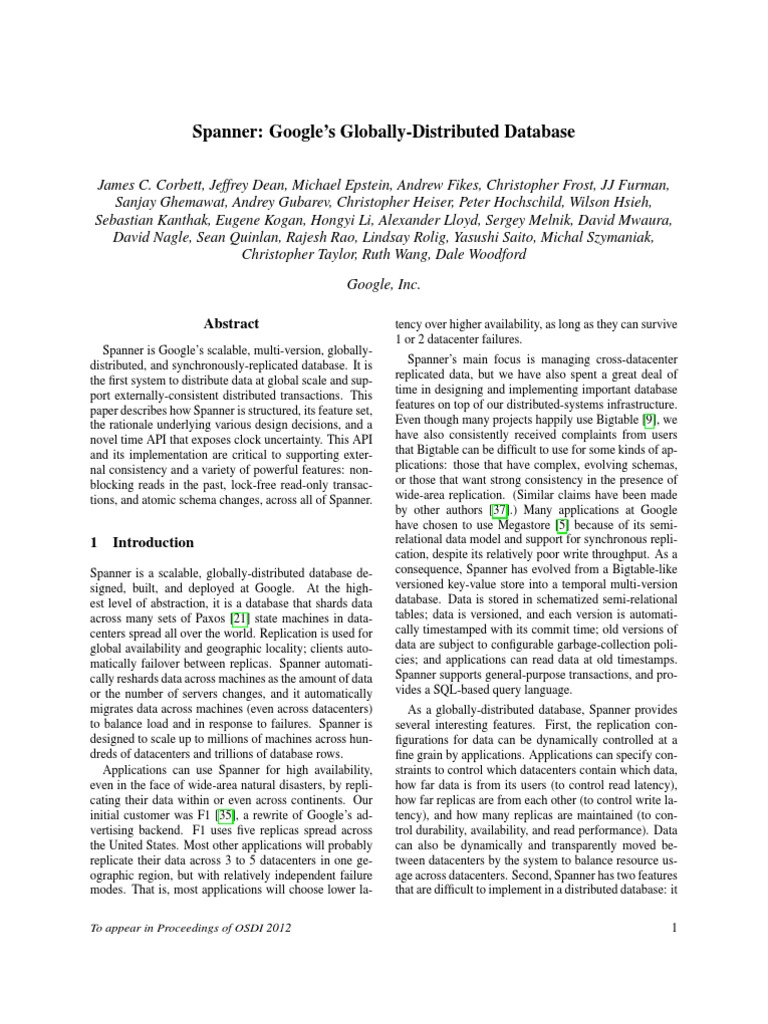 Spanner Google's Globally-Distributed Database | PDF | Databases | Database Transaction