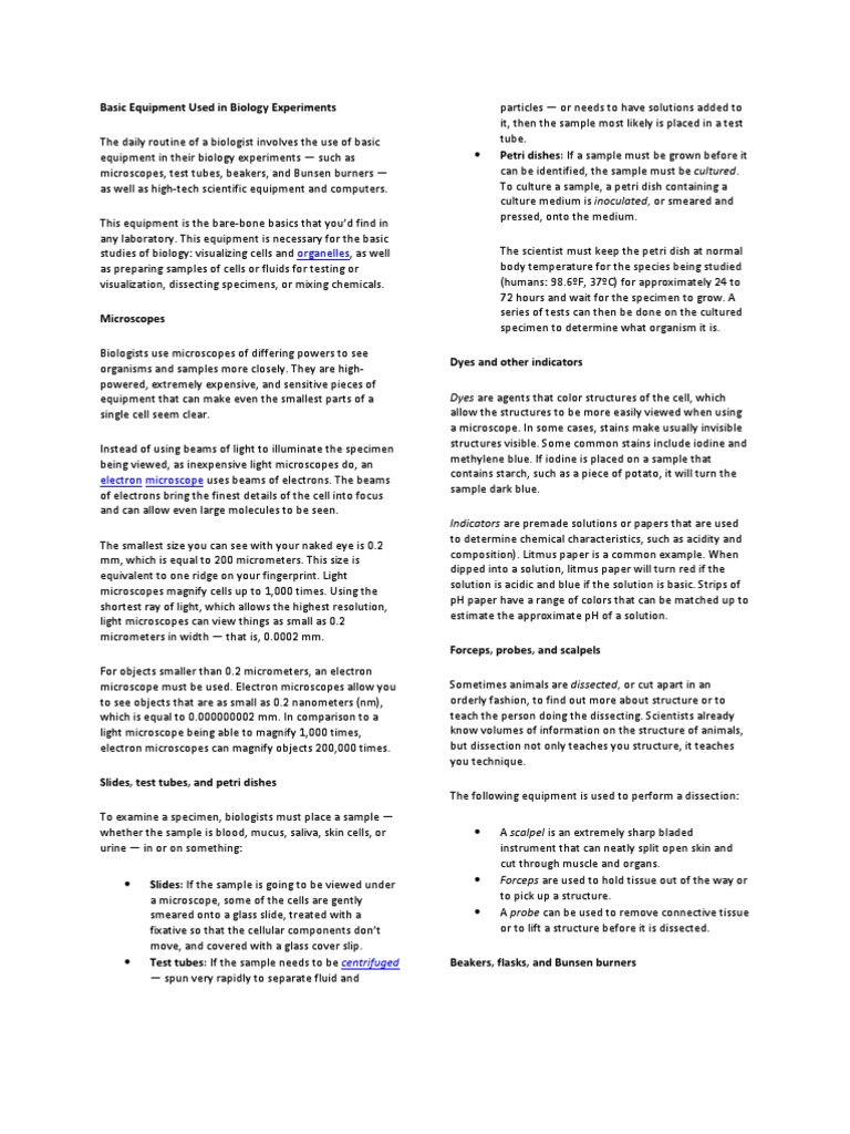 Basic Equipment Used in Biology Experiments | PDF | Electron Microscope | Staining