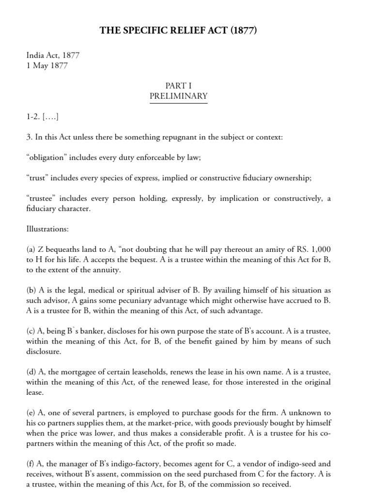 The Specific Relief Act 1877 | PDF | Specific Performance | Lease