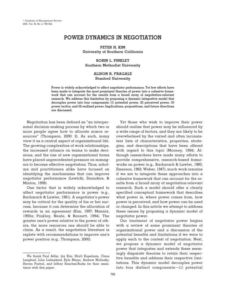 Power Dynamics in Negotiation (AMR, 2005) - 1 | PDF | Negotiation ...