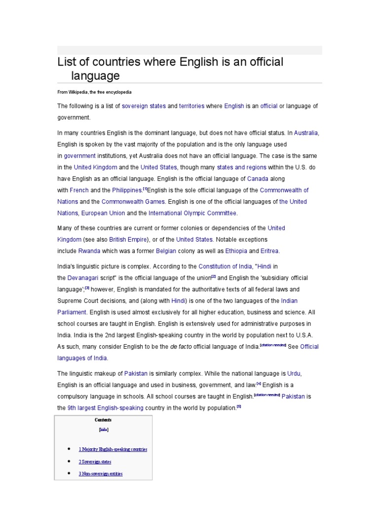 List of Countries Where English Is An Official Language | PDF ...