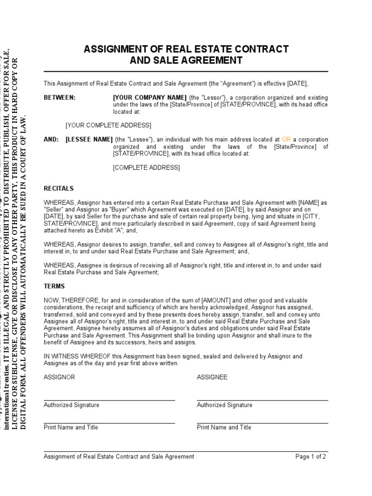 Assignment of Real Estate Contract and Sale Agreement | PDF ...