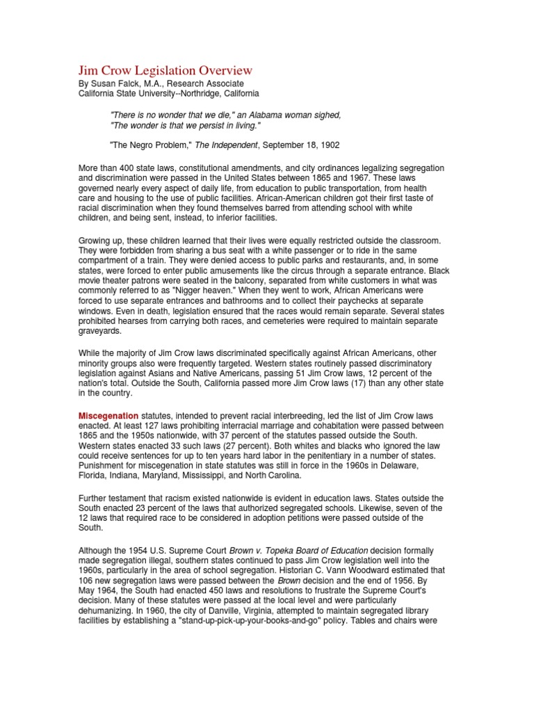 Jim Crow Legislation Overview | PDF | Racial Segregation | Jim Crow Laws