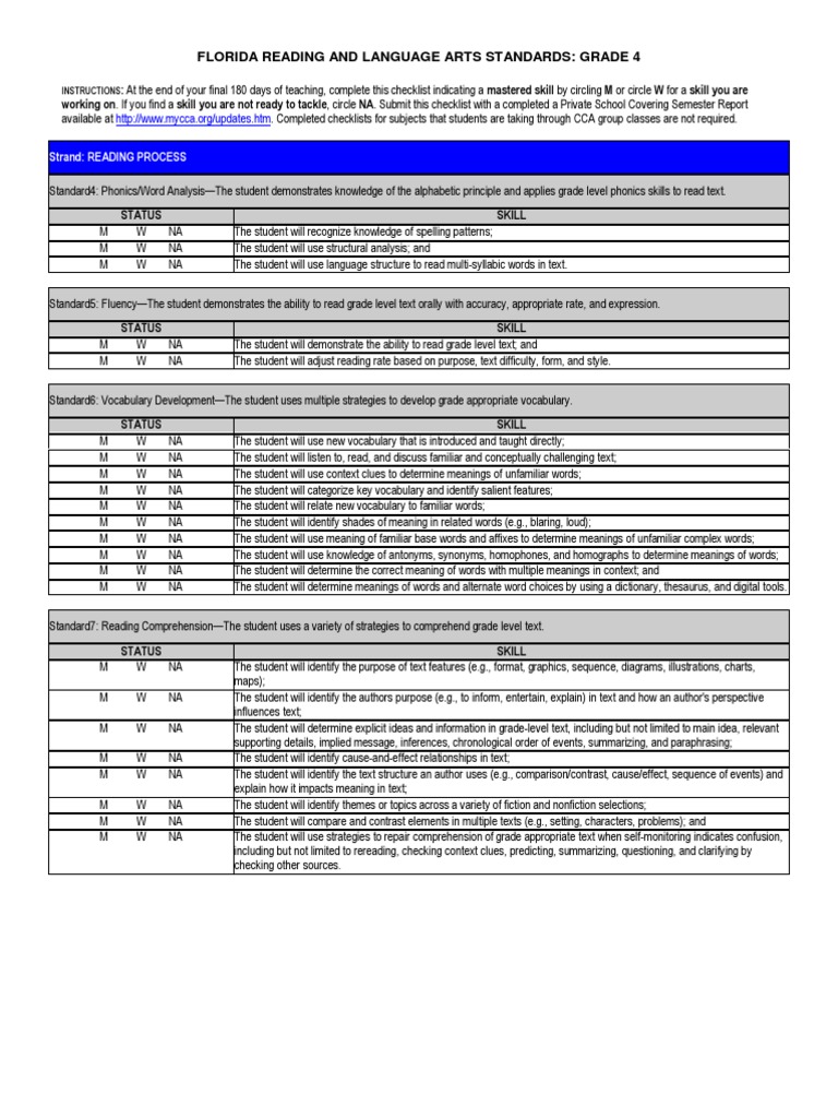 Florida Reading and Language Arts Standards: Grade 4 | PDF | Reading ...