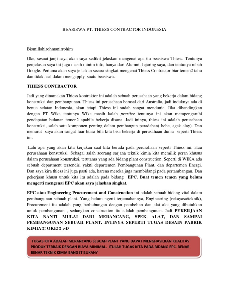 Beasiswa Dan Seluk Beluk PT Thiess Contractors | PDF | Bisnis | Seni