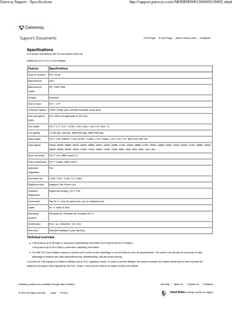 Gateway Support - Specifications 60012060 Modem | PDF | Modem | Bit Rate