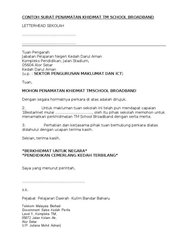 1349 - Contoh Surat Penamatan Khidmat TM School Broadband | PDF