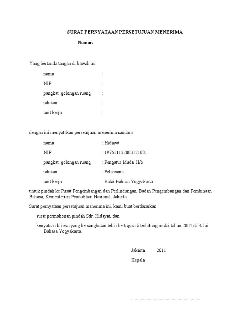 Contoh Format Surat Persetujuan Menerima | PDF