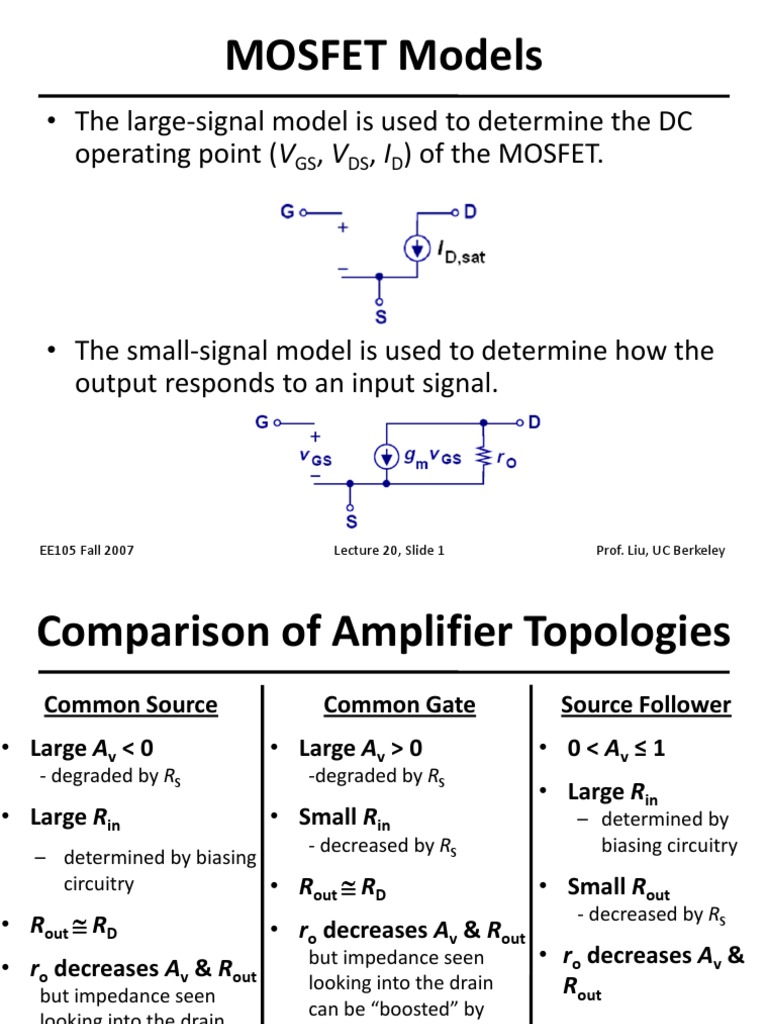 MOSFET Models: - The Large-Signal Model Is Used To Determine The DC Operating Point (V, V, I) of ...