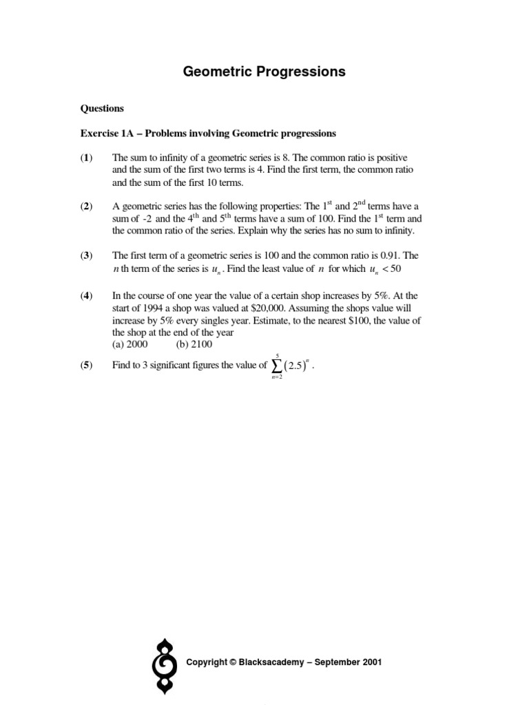 Questions Exercise 1A - Problems Involving Geometric Progressions | PDF ...