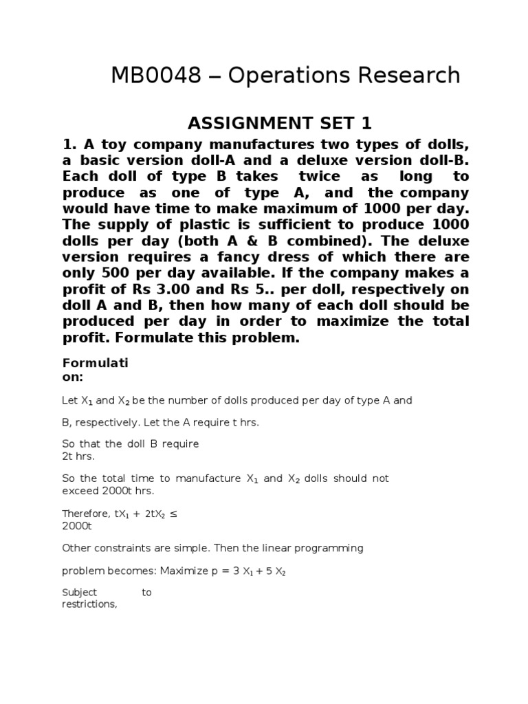 MB0048 - Operations Research: Assignment Set 1 | PDF | Linear Programming | Applied Mathematics