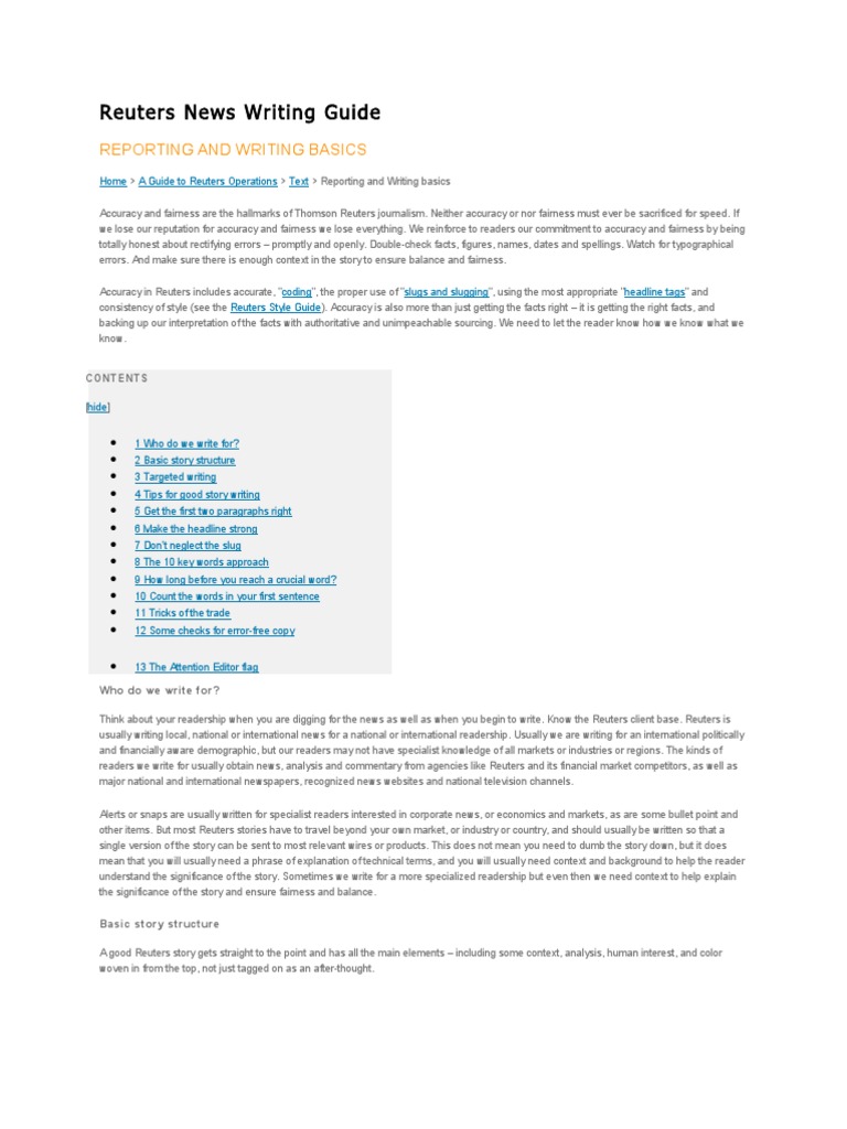 Reuters News Writing Guide | PDF | Reuters | News