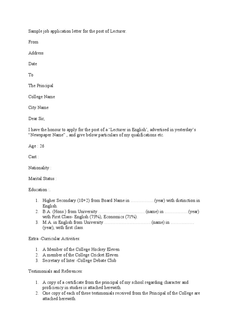 Sample Job Application Letter For The Post of Lecturer | PDF | College ...