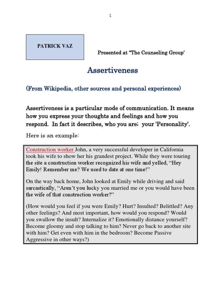 Assertiveness: (From Wikipedia, Other Sources and Personal Experiences) | PDF | Social ...