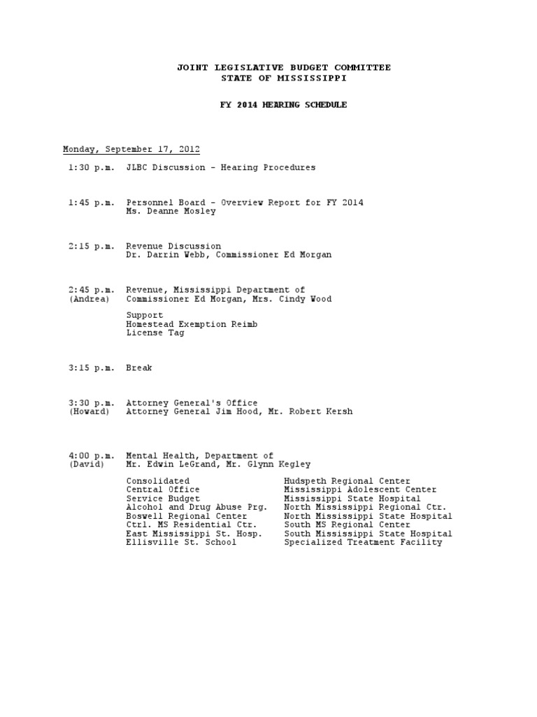 JLBC Fy14 Hearing Schedule | PDF
