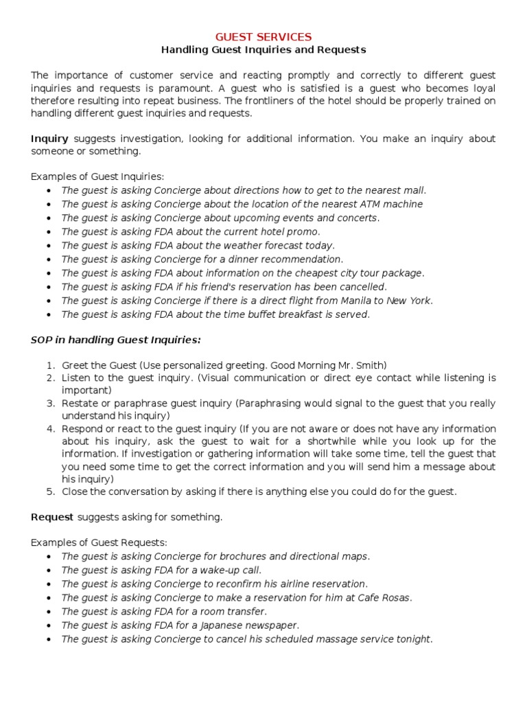Lesson 11: Guest Services Requests and Inquiries | PDF | Business