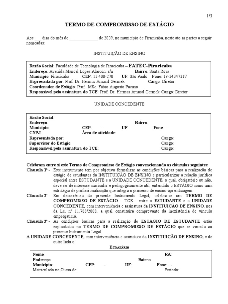 Termo de Compromisso de Estagio | PDF | Estágio | Procura de Emprego Termo de Compromisso de Estagio | PDF | Estágio | Procura de Emprego