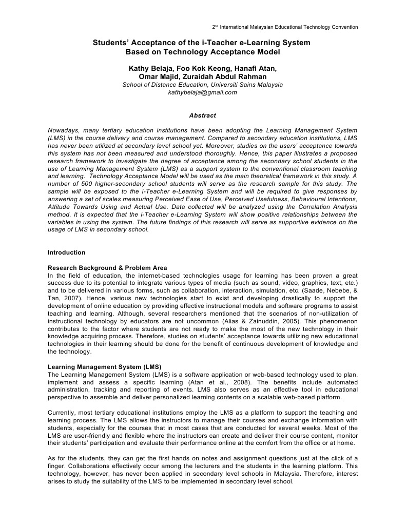 Students' Acceptance of The I-Teacher E-Learning System Based On Technology Acceptance Model ...