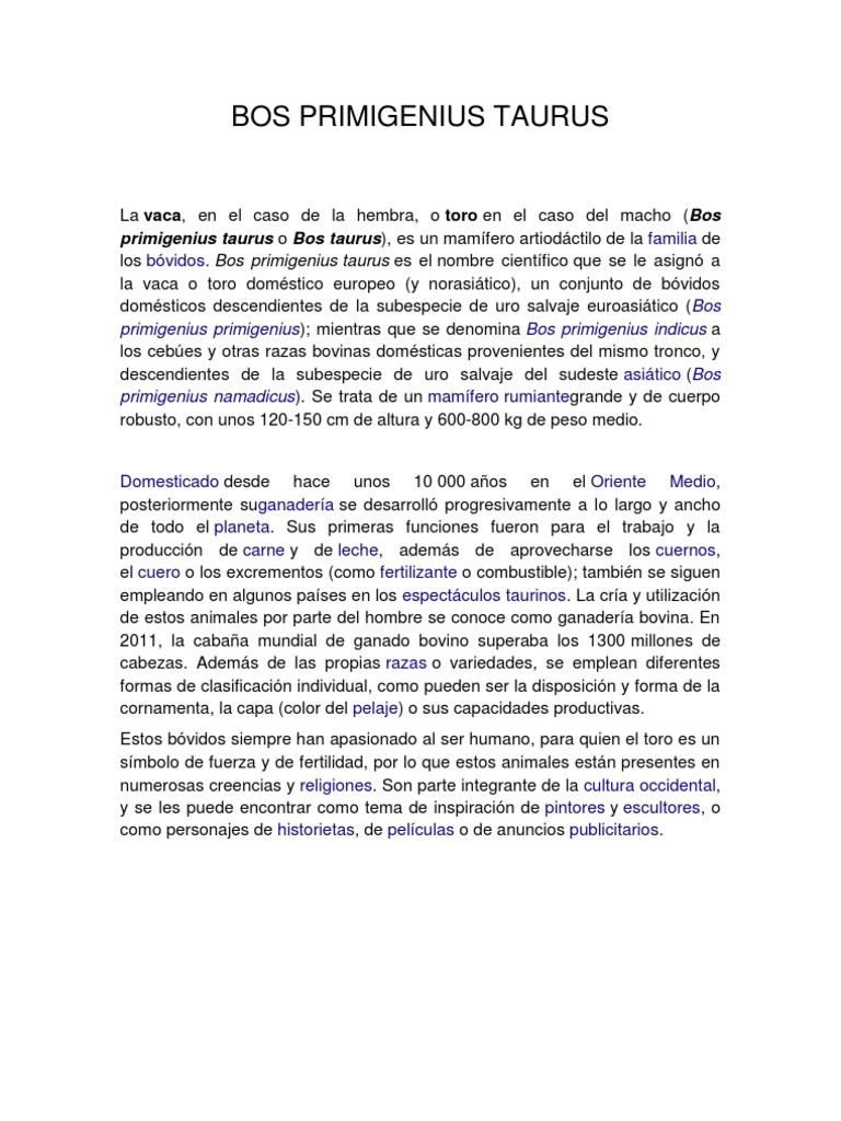 Bos primigenius taurus: Origen y características | PDF | Vacas | Bovinos