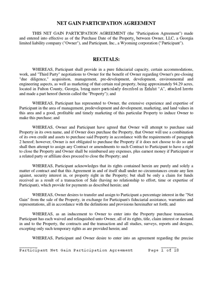 Net Gain Participation Agreement Overview | PDF | Expense | Real Estate ...