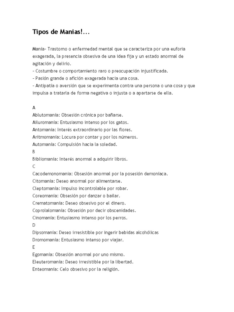 Tipos de Manías: Obsesiones e intereses anormales | PDF ...