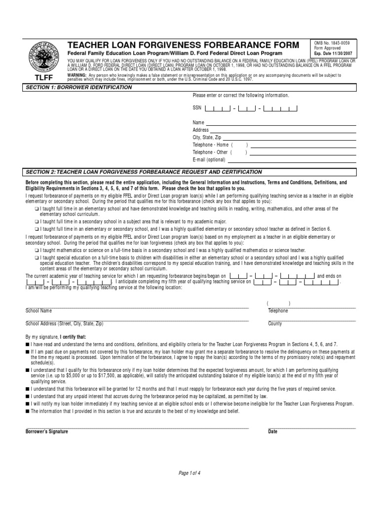 Teacher Loan Forgiveness Forbearance Form: Section 1: Borrower ...