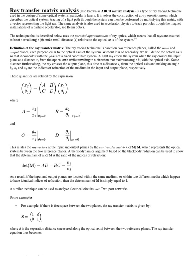 Ray Transfer Matrix Analysis | Optics | Lens (Optics)