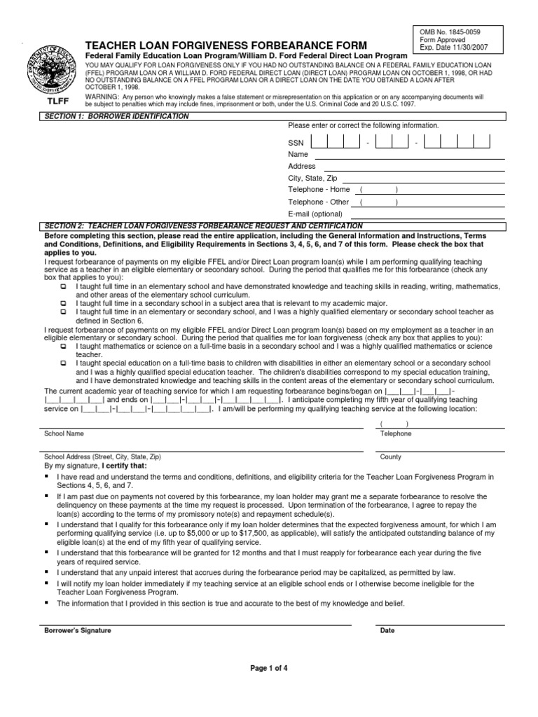 Teacher Loan Forgiveness Forbearance Form | PDF | Schools | Teachers