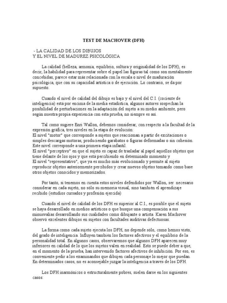 MACHOVER Test DFH Dibujo Figura Humana | PDF | Cociente de inteligencia ...