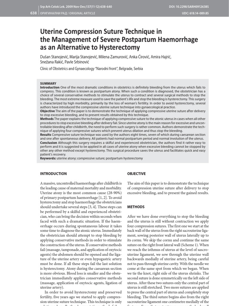 Uterine Compression Suture Technique | PDF | Uterus | Caesarean Section