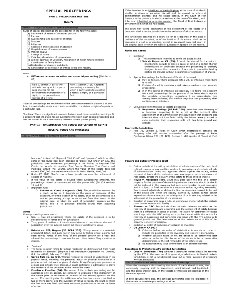 Special Proceedings Reviewer | PDF | Will And Testament | Intestacy